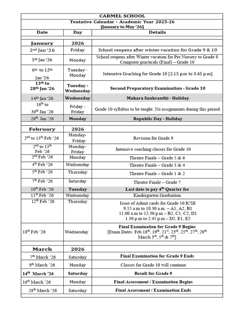 Tentative Schedule Jan-May 26 (STU) | PDF
