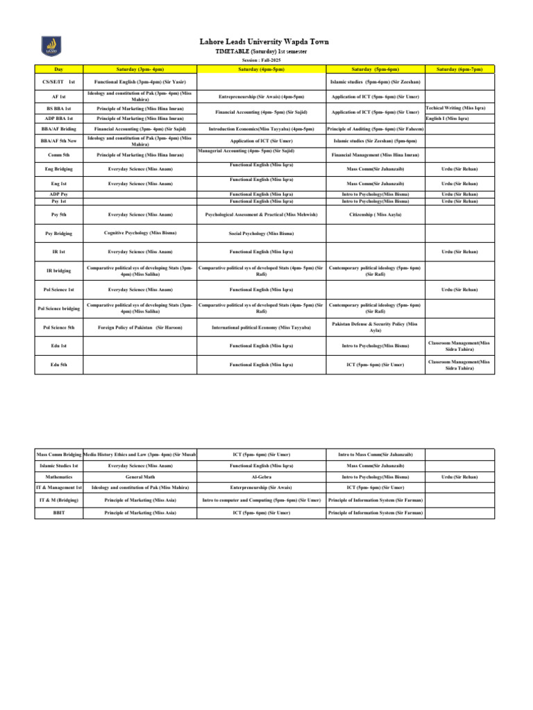 Time Table Saturday Fall-2025 1st Sem-2 | PDF | Science | Liberal Arts ...