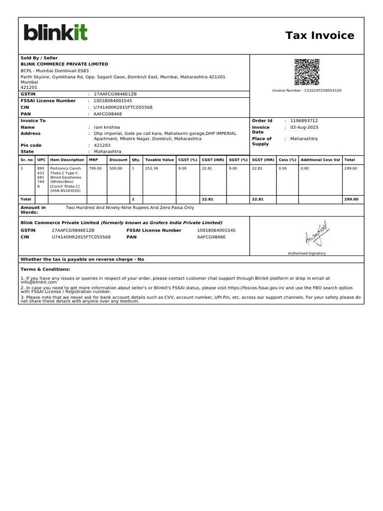 Tax Invoice from Blink Commerce | PDF | Payments | Taxes