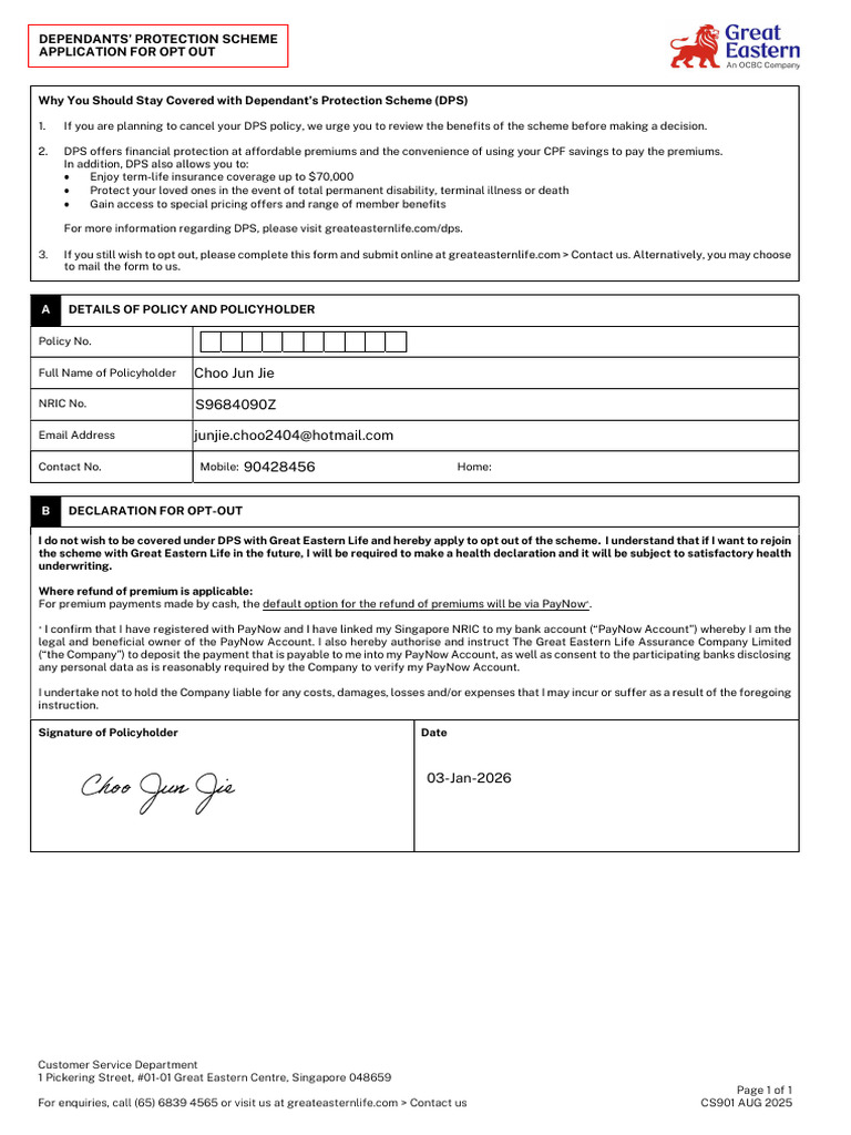 CS901 DPS Application For Opt Out | PDF | Insurance | Life Insurance