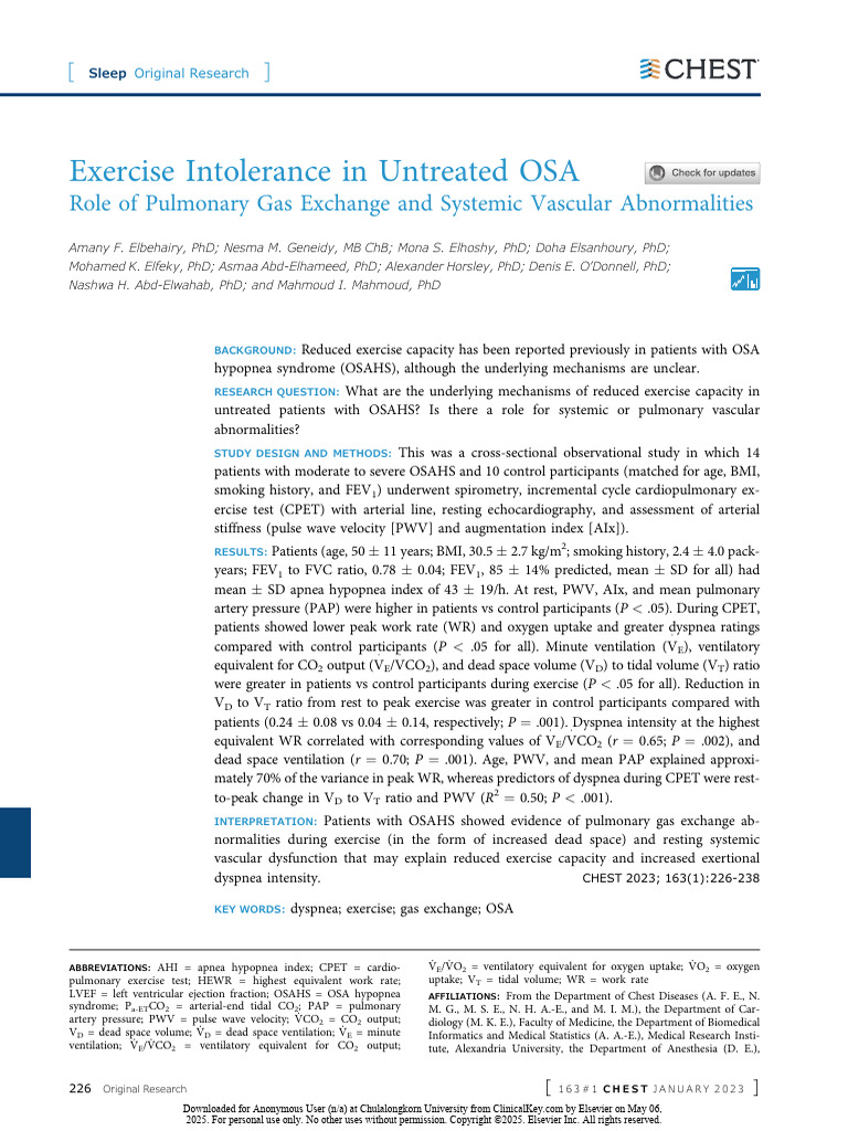 Exercise Intolerance in Untreated OSA: Role of Pulmonary Gas Exchange ...