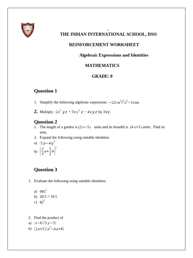 Reinforcement Worksheet -Algebraic Expressions | PDF