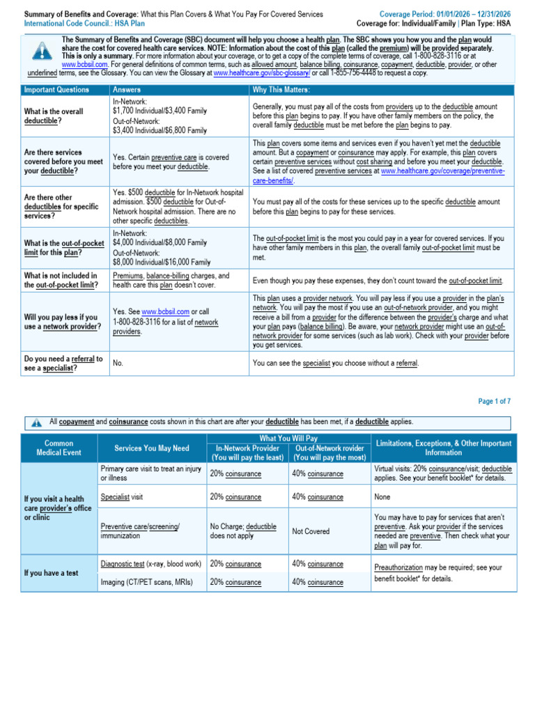 BCBSIL HSA 1700 253047 PK4938-0007 (1) | PDF | Deductible | Health Care
