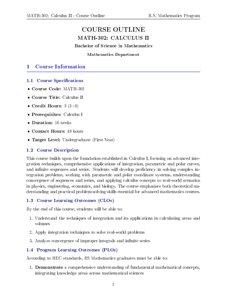 Calculus II Course Outline for B.S. Math | PDF | Integral ...