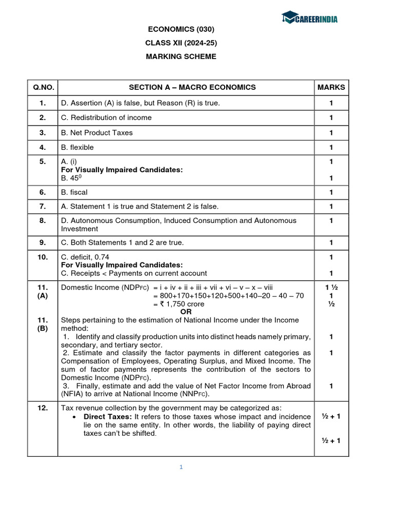 Class XII Economics Marking Scheme 2024-25 | PDF | Public Finance ...