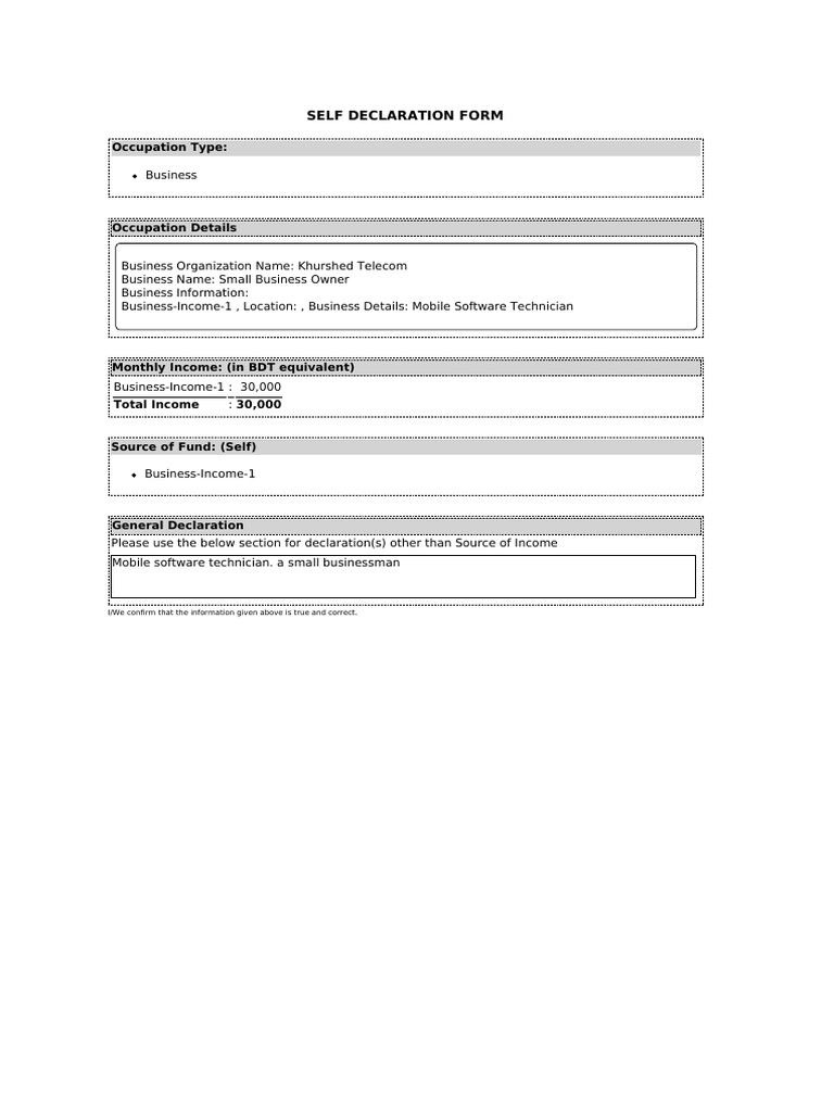 Self Declaration Form for Small Business Owner | PDF