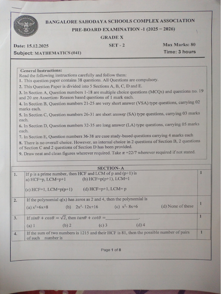Mathematics - Sahodaya - Paper | PDF