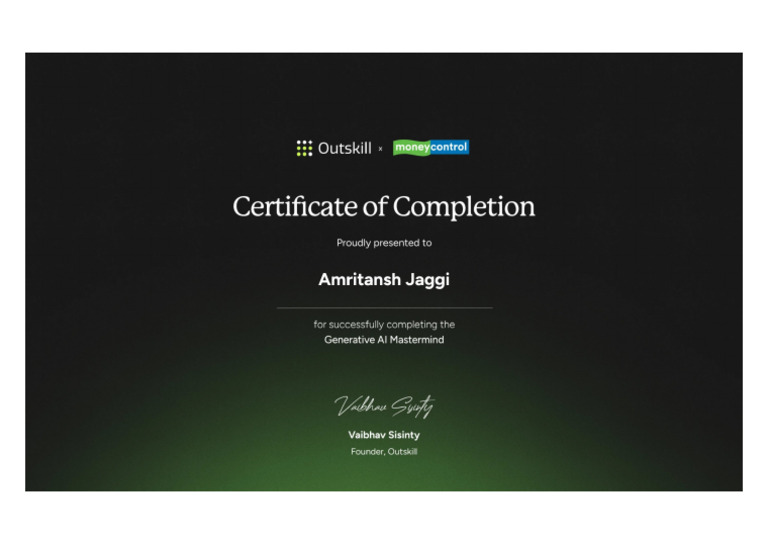 Amritansh Jaggi Certificate Moneycontrol | PDF