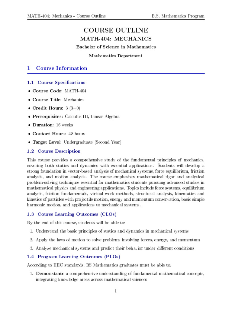 Mechanics Course Outline | PDF | Force | Mathematics