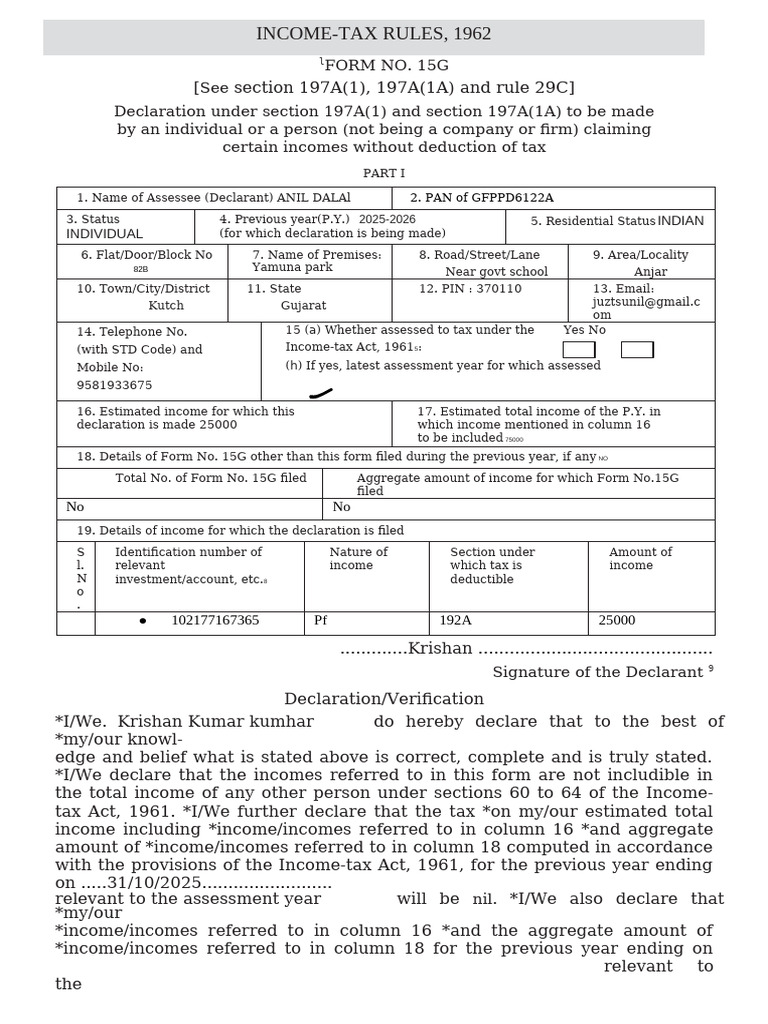 Form No. 15G Tax Declaration Guide | PDF | Income Tax | Taxes
