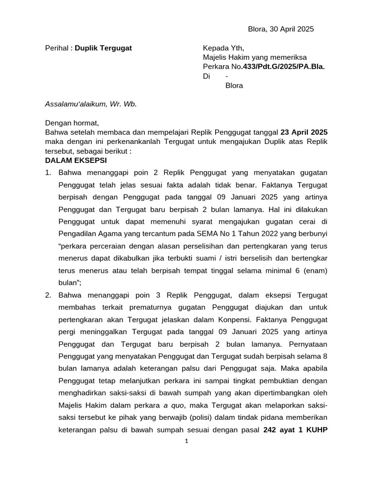Duplik Tergugat Perkara Cerai Blora | PDF