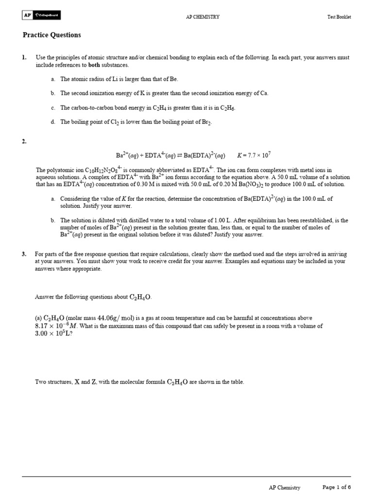AP Chemistry Practice Questions Guide | PDF | Chemical Equilibrium ...