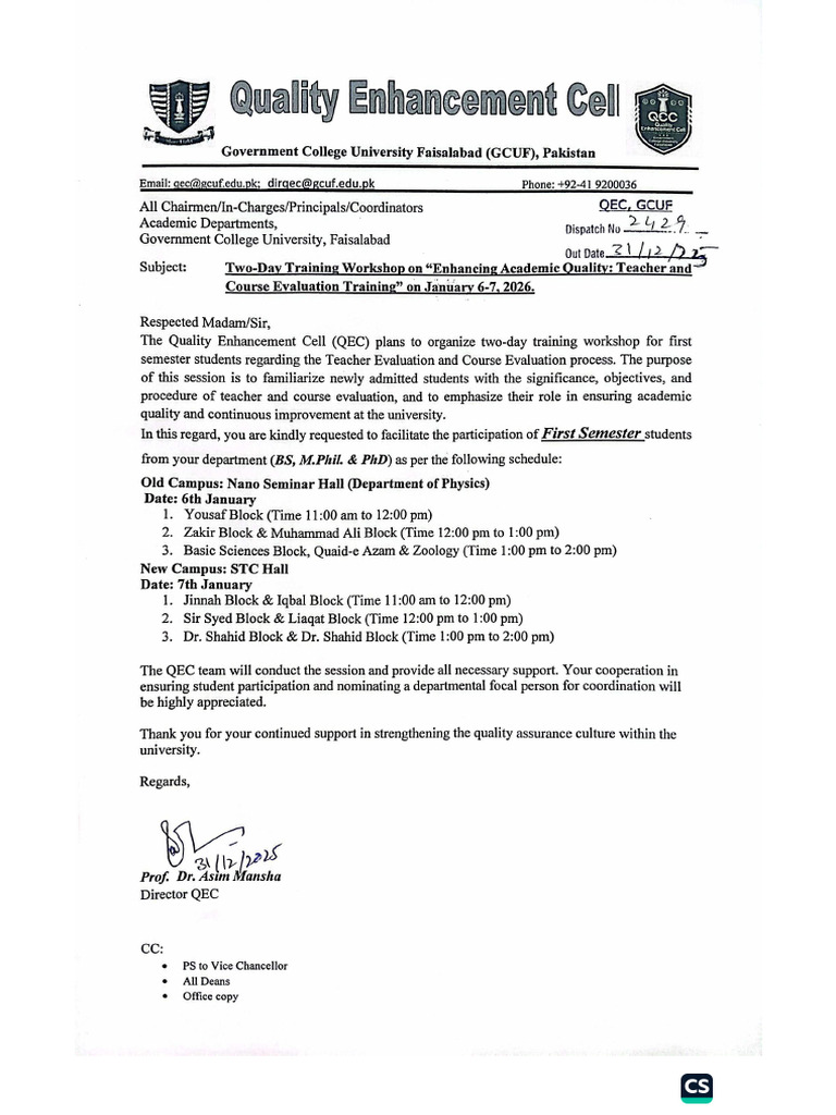 Invitation of QEC Training for 1st Semester Students | PDF