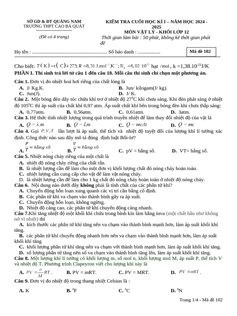 kiểm tra cuối kì 1 Vật lí 12 đề 102 | PDF