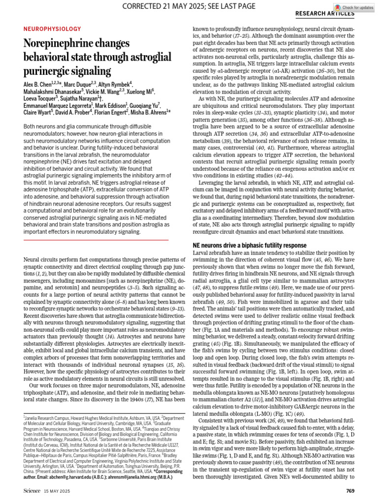 Norepinephrine and Astroglial Signaling in Zebrafish | PDF | Astrocyte ...