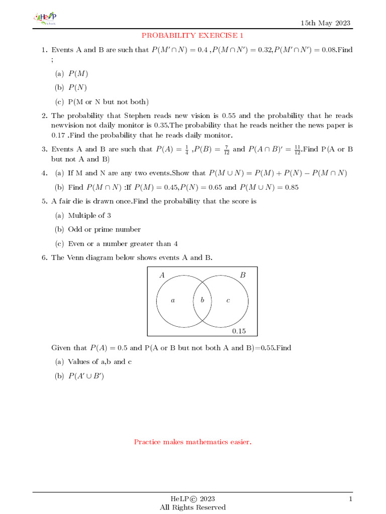 S5 Probability Trial Questions (Lesson One) | PDF
