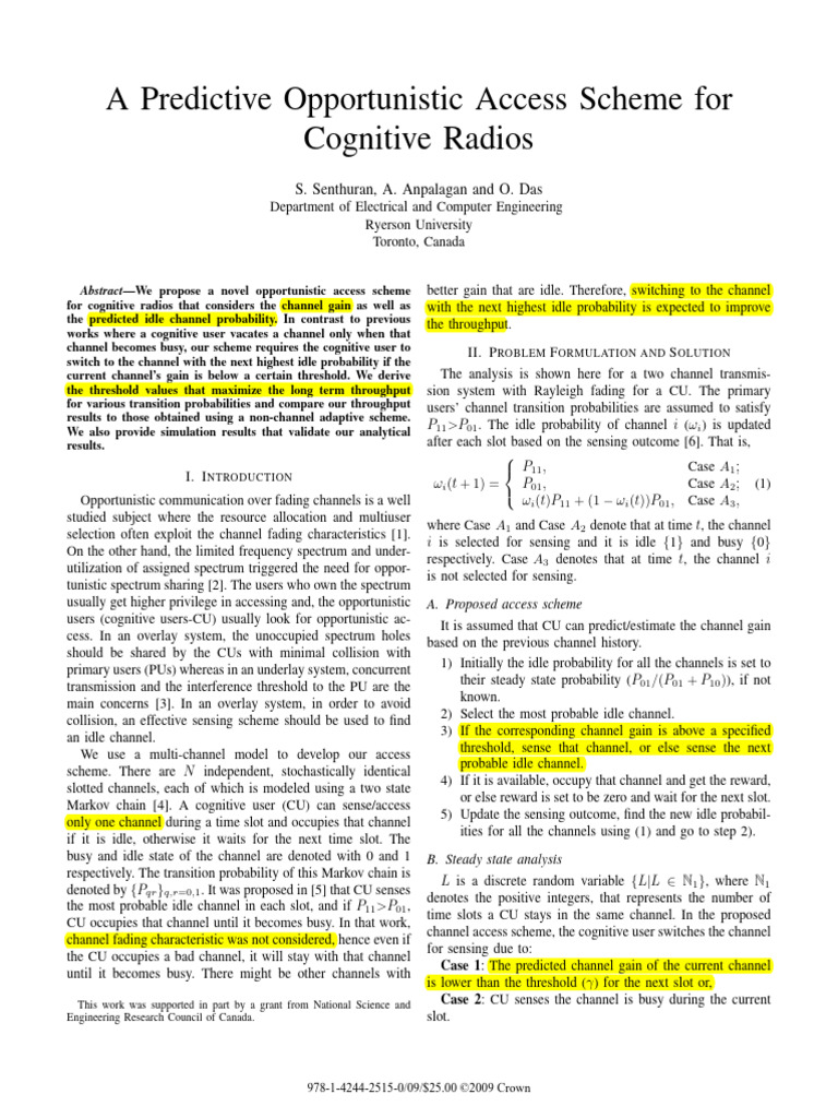 A Predictive Opportunistic Access Scheme for Cognitive Radios | PDF ...