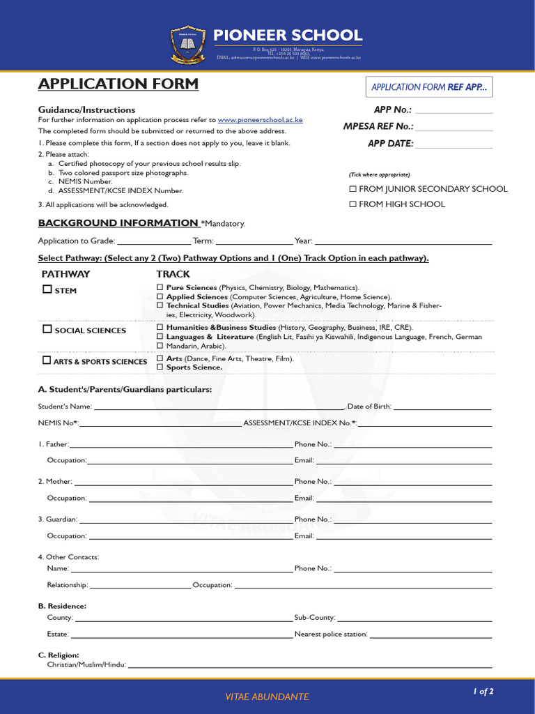 Pioneer Schools Application Form | PDF