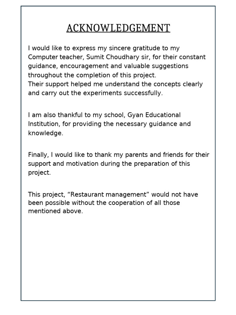 Restaurant Management Project Acknowledgement | PDF