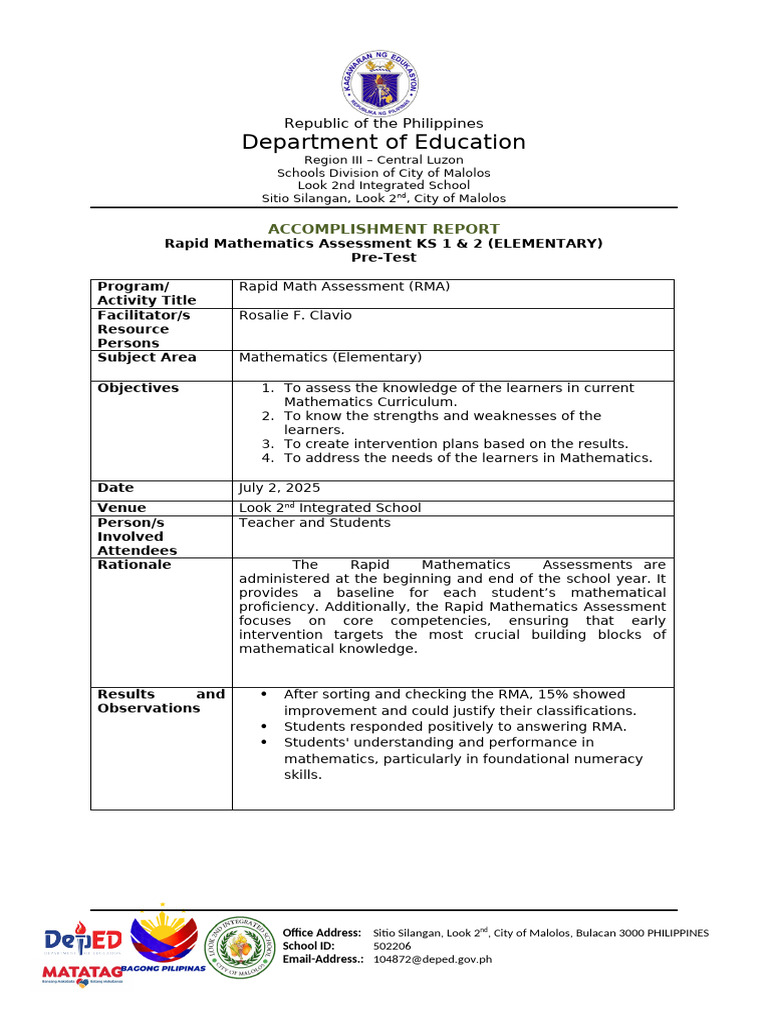 Rapid Math Assessment Report 2025 | PDF | Teachers | Teaching