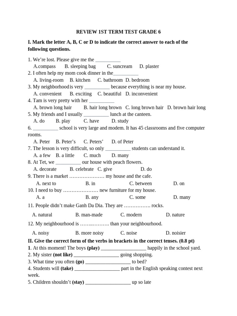 Review 1st Term Test Grade 6 | PDF