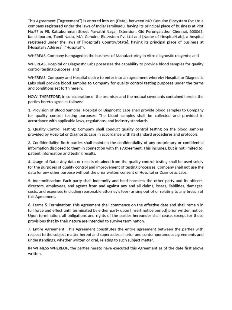 Blood Sample Quality Control Agreement | PDF | Indemnity | Private Law