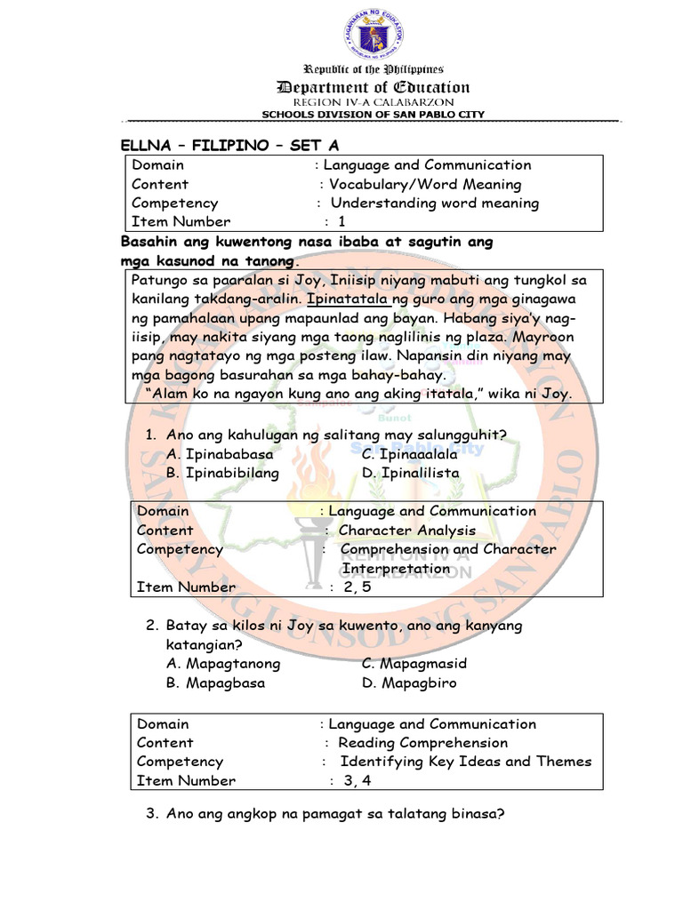 ELLNA Filipino 3 Practice Test Set A | PDF