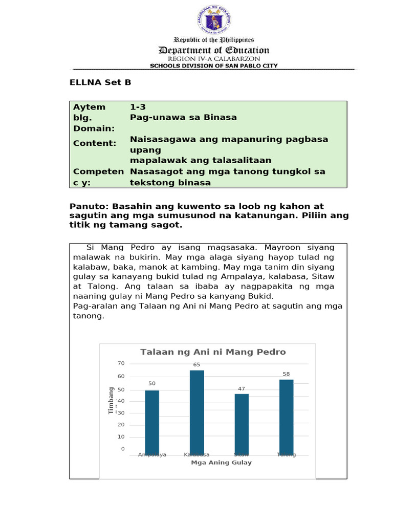 ELLNA Filipino 3 Practice Test Set B | PDF