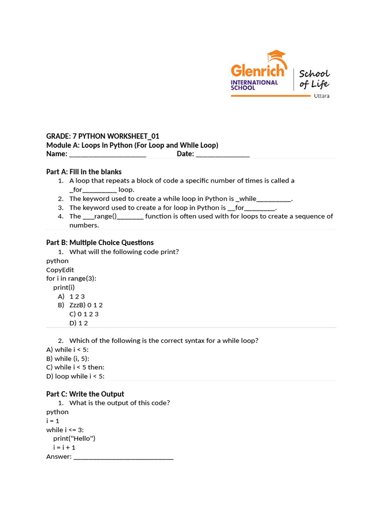 Python Loops Worksheet for Grade 7 | PDF