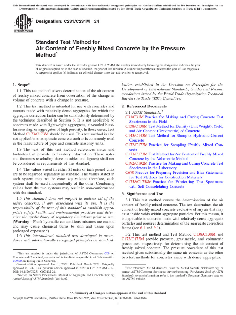 ASTM C231_C231M-24 Standard Test Method | PDF | Concrete | Calibration