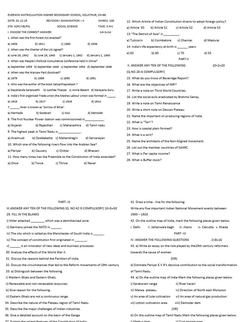 Std x Revision Exam-II Social Qp(Pc,Vb,Ps) | PDF | Tamil Nadu