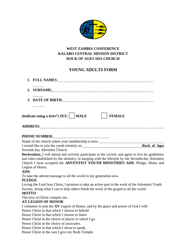 Rock of Ages Young Adults Form | PDF