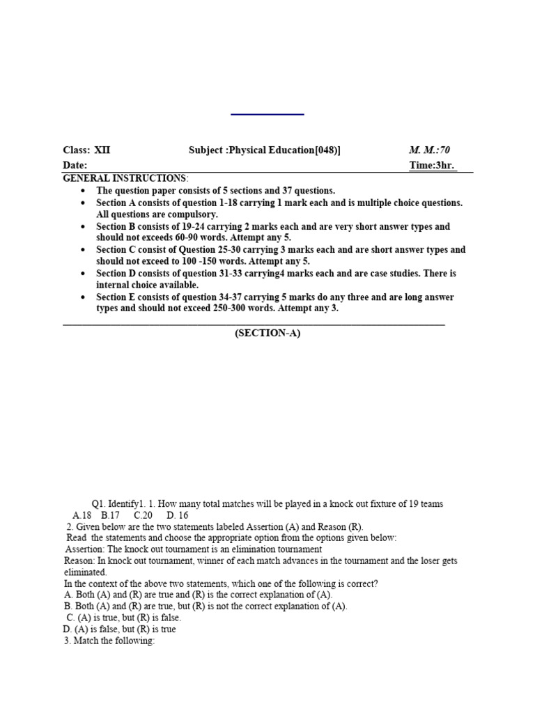 Class: XII Date: Subject:Physical Education (048) ) Time:3hr | PDF ...
