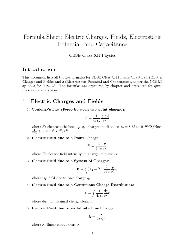 Physics Formula Sheet- Chapter 1 and 2 | PDF | Electric Field | Physics