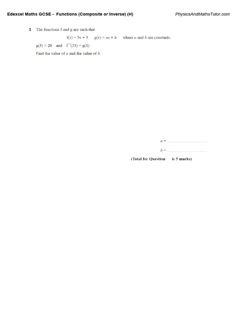 Functions (Composite or Inverse) (H) QP - Edexcel Maths GCSE | PDF