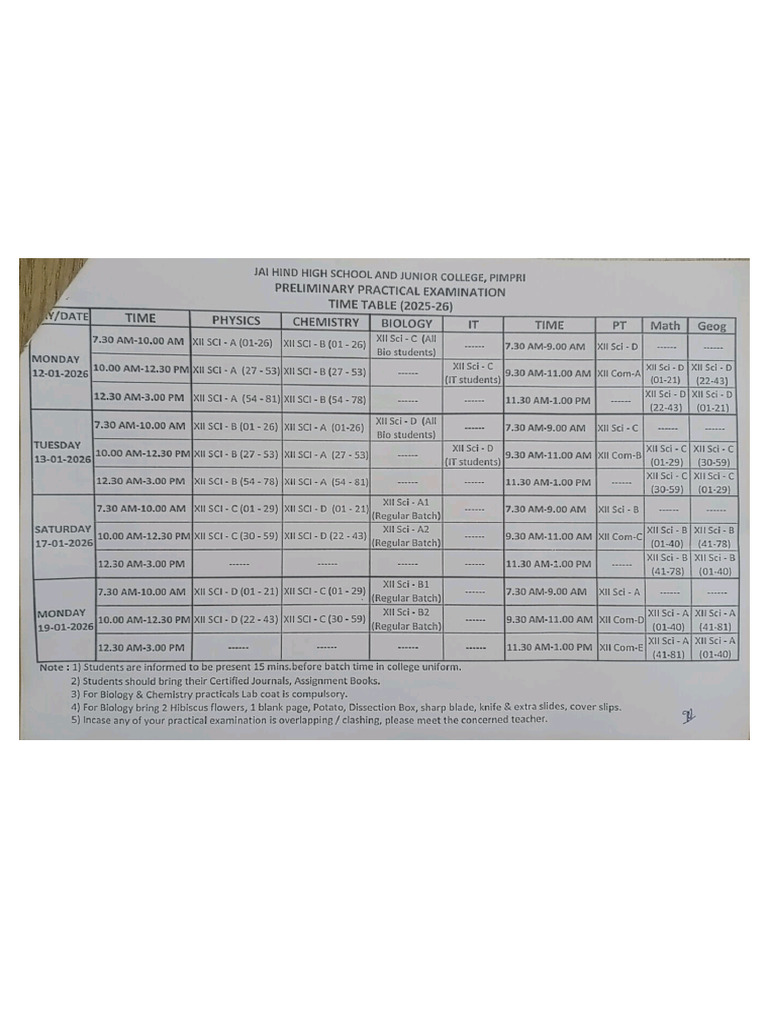 Preliminary Practical Exam Time Table 2025-26 | PDF