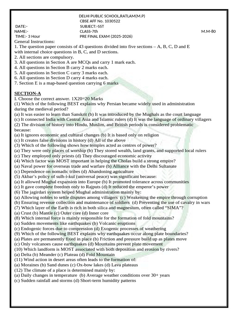 Class 7 SST Pre-Final Exam Paper | PDF | Tsunami | Plate Tectonics