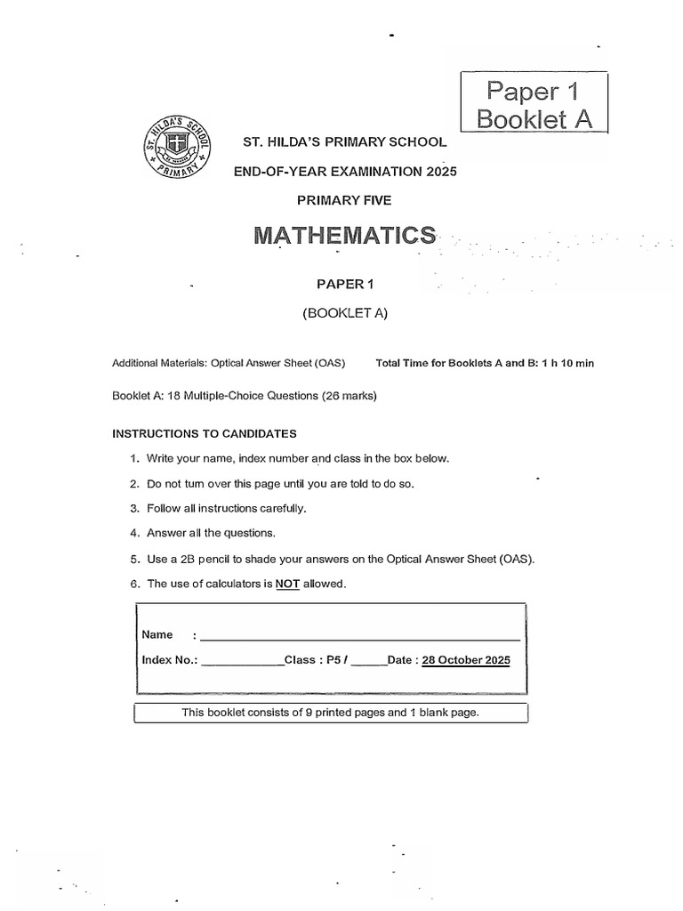 P5 Maths EOY 2025 StHilda Exam Papers | PDF