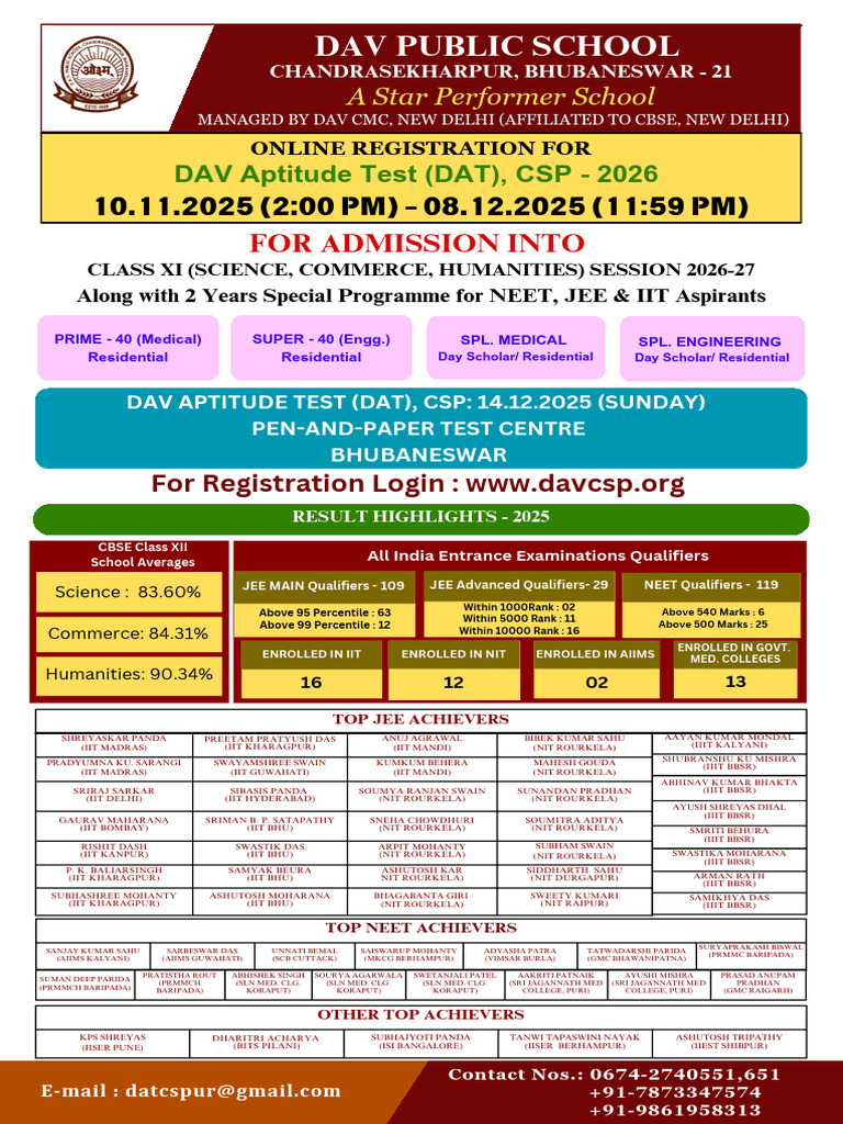 DAV School Admission & Test Highlights 2025 | PDF | Universities And ...