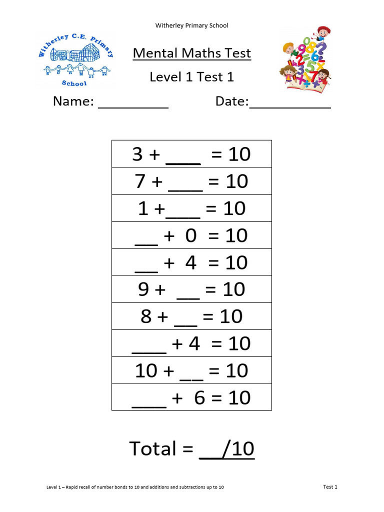 Level 1 Mental Maths Test: Number Bonds | PDF