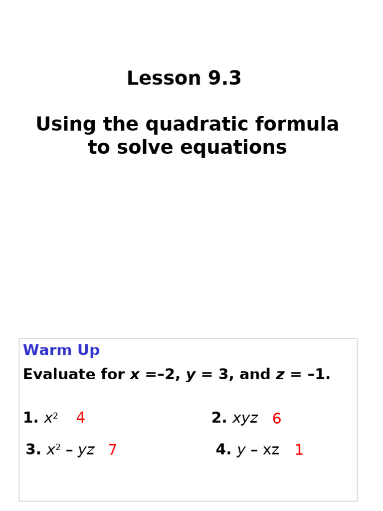9.3 Using the Quadratic Formula to Solve Equations | PDF | Quadratic ...