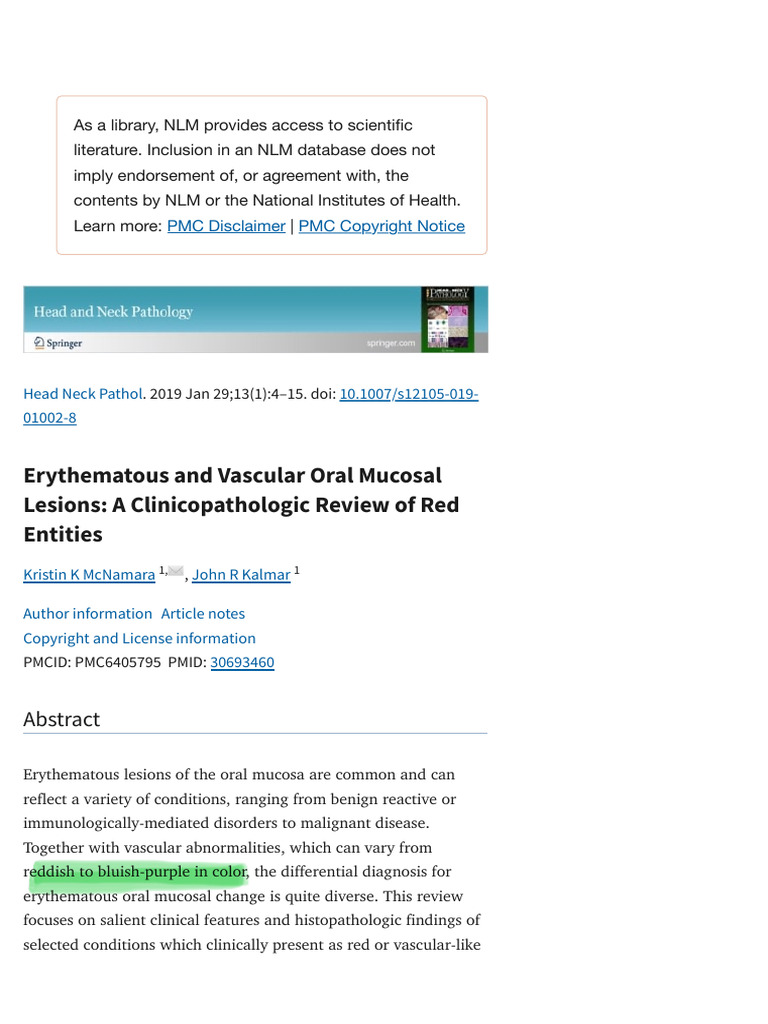 Erythematous and Vascular Oral Mucosal Lesions: A Clinicopathologic ...