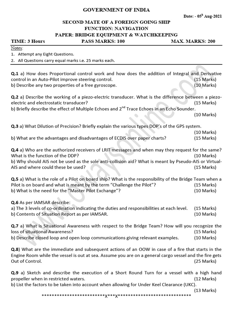 2nd Mate's MMD Written Exam Question Papers - Aug 2021 | PDF ...