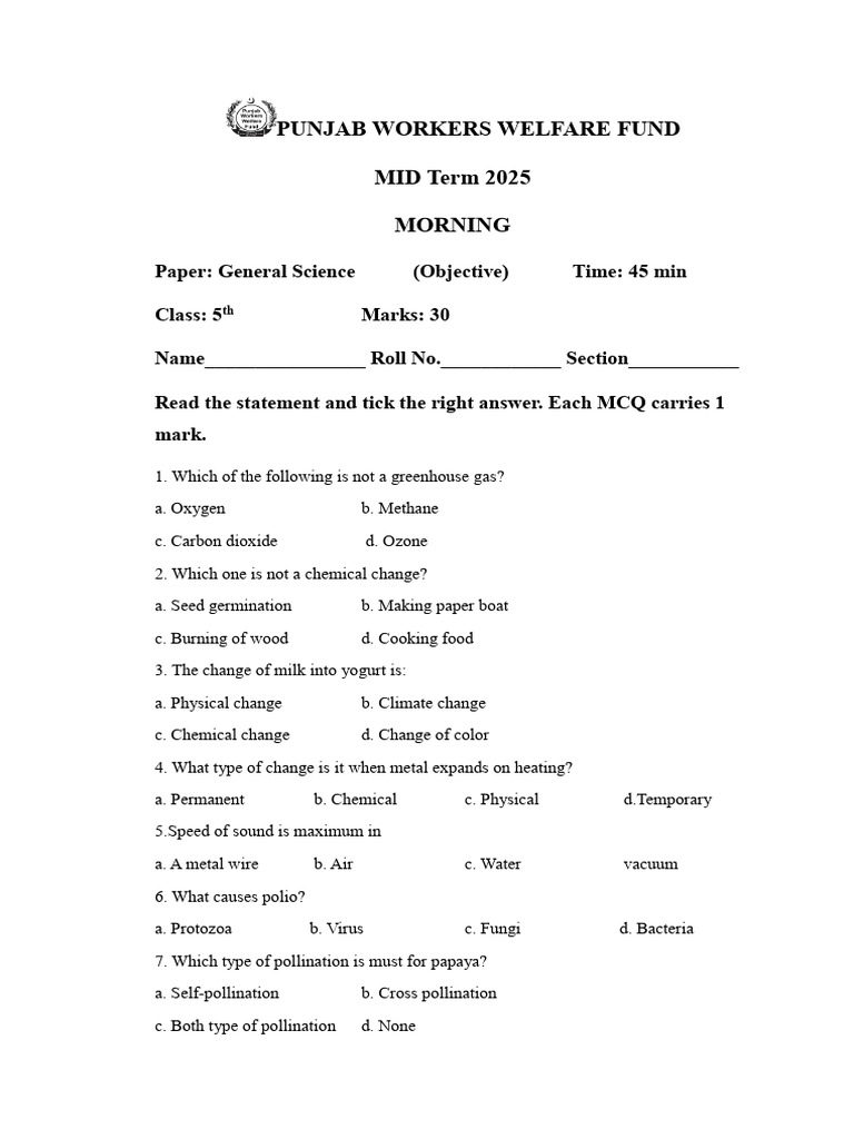 5th Grade General Science Exam 2025 | PDF | Seed | Water