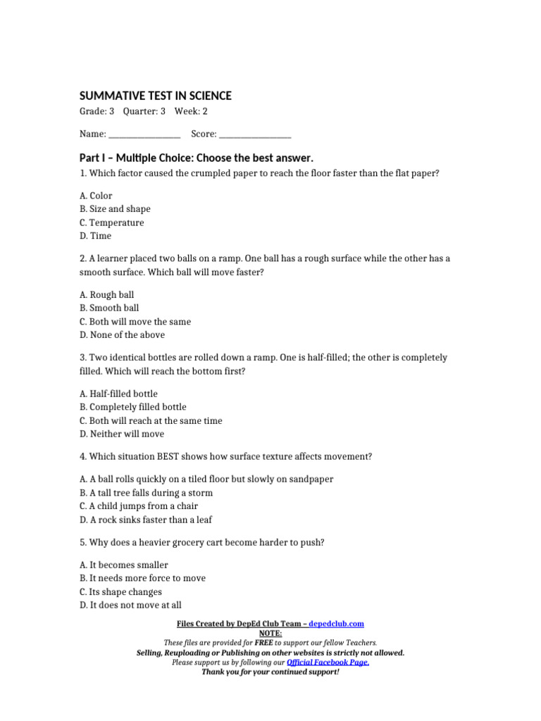 Grade 3 Science Summative Test | PDF