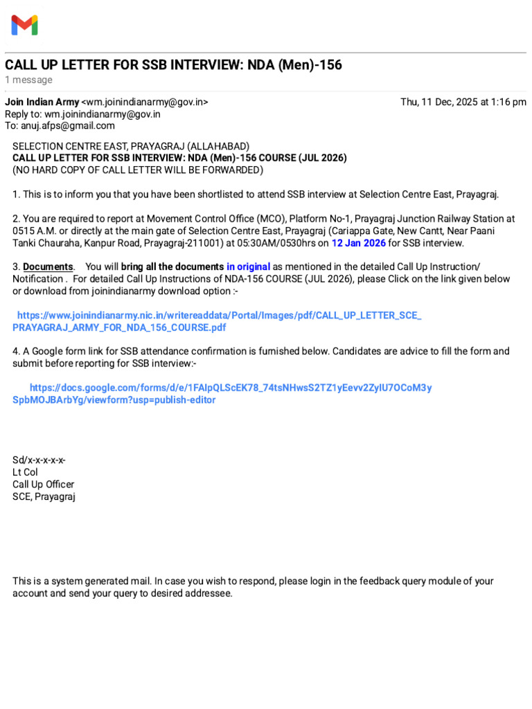 Gmail - Call Up Letter For SSB Interview - Nda (Men) - 156 | PDF