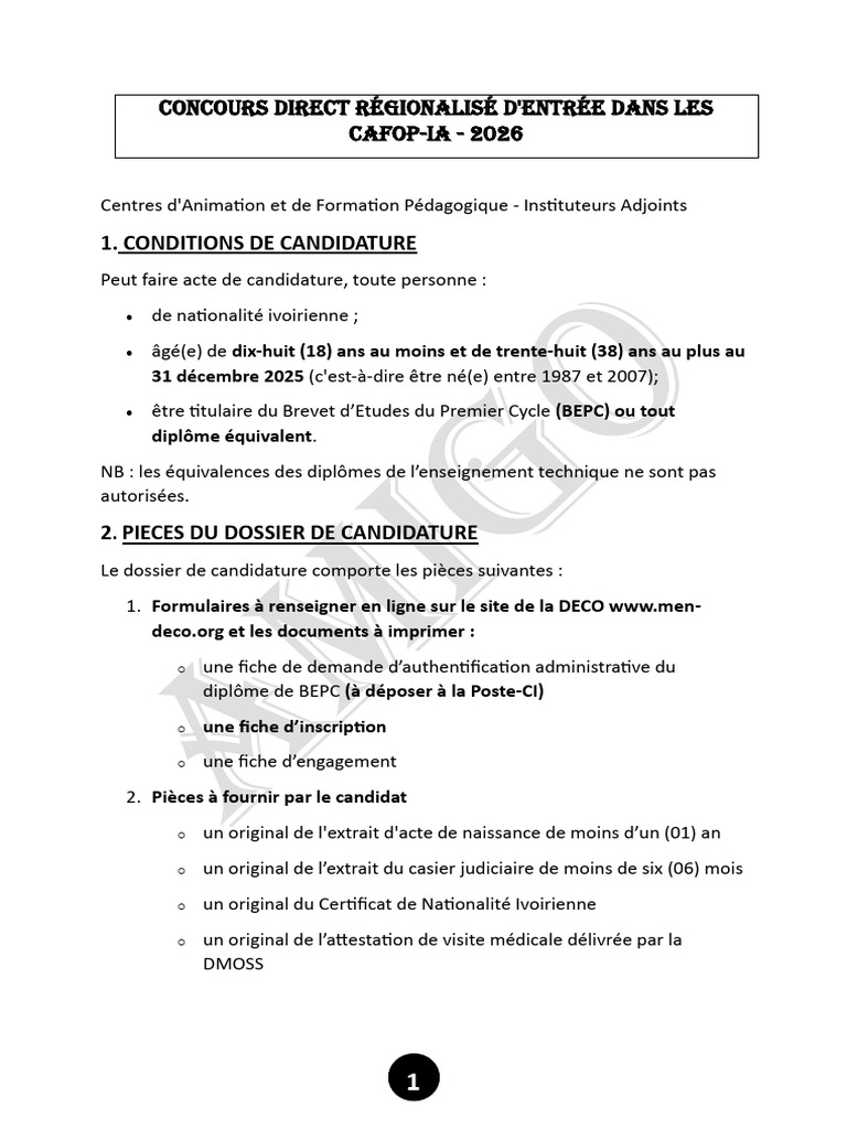 Concours CAFOP 2026 : Conditions et Dossier | PDF