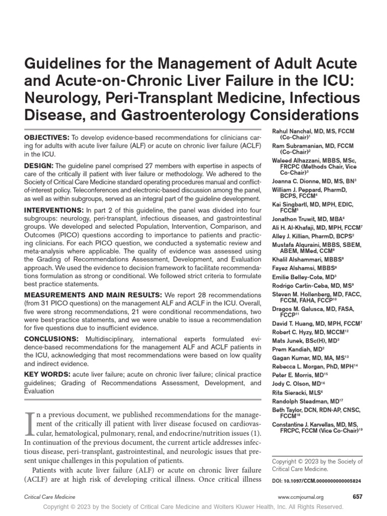 SCCM (2023) Management of ALF, ACLF in ICU Neurology, Peri-Transplant ...