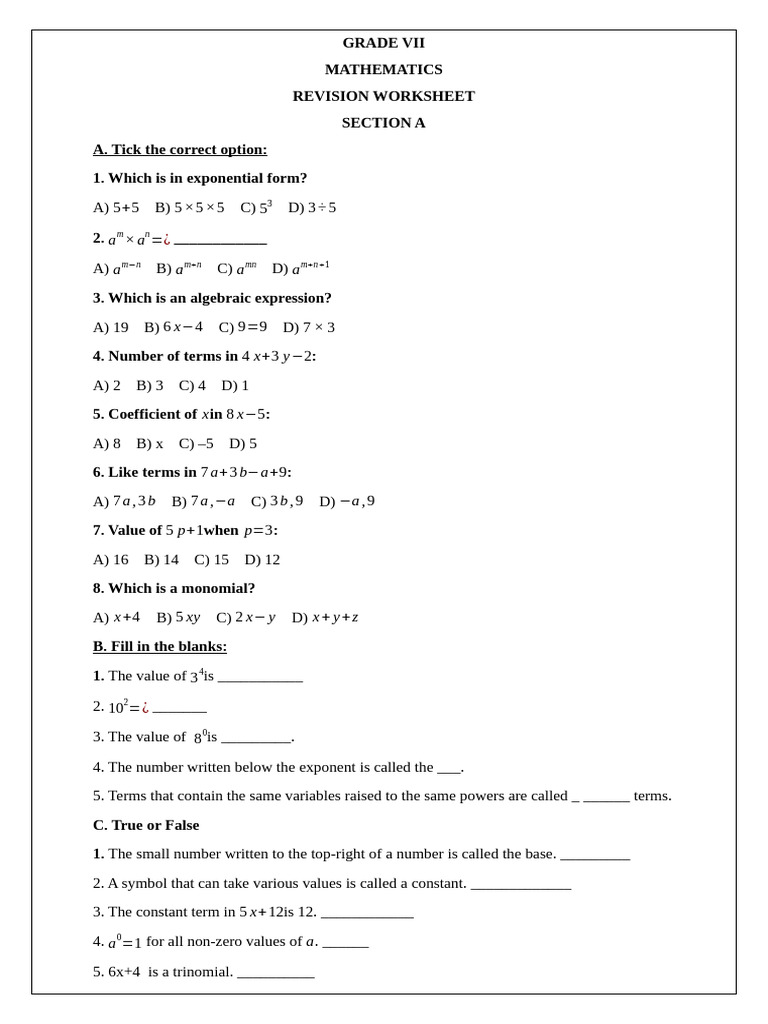 GRADE VII- ut 2 revision sheet | PDF | Mathematics | Algebra