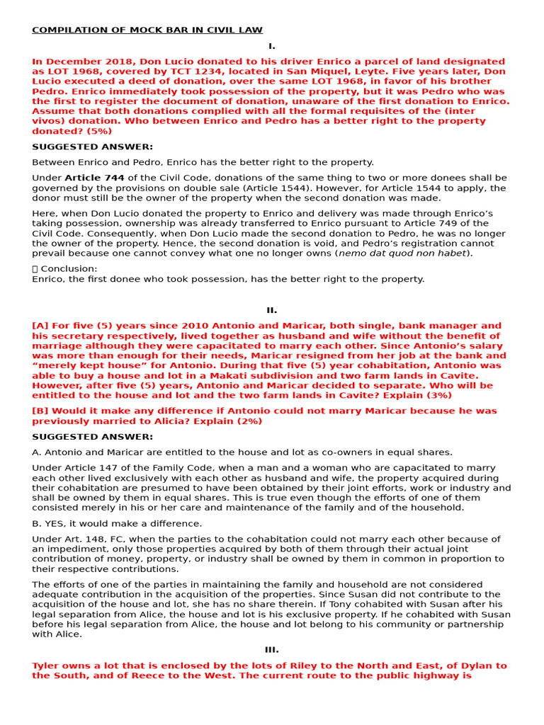 Mock Bar Questions on Civil Law Issues | PDF | Intestacy | Inheritance